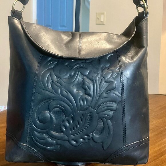 Born | Bags | Born Black Leather Distressed Floral Embossed Shoulder ...